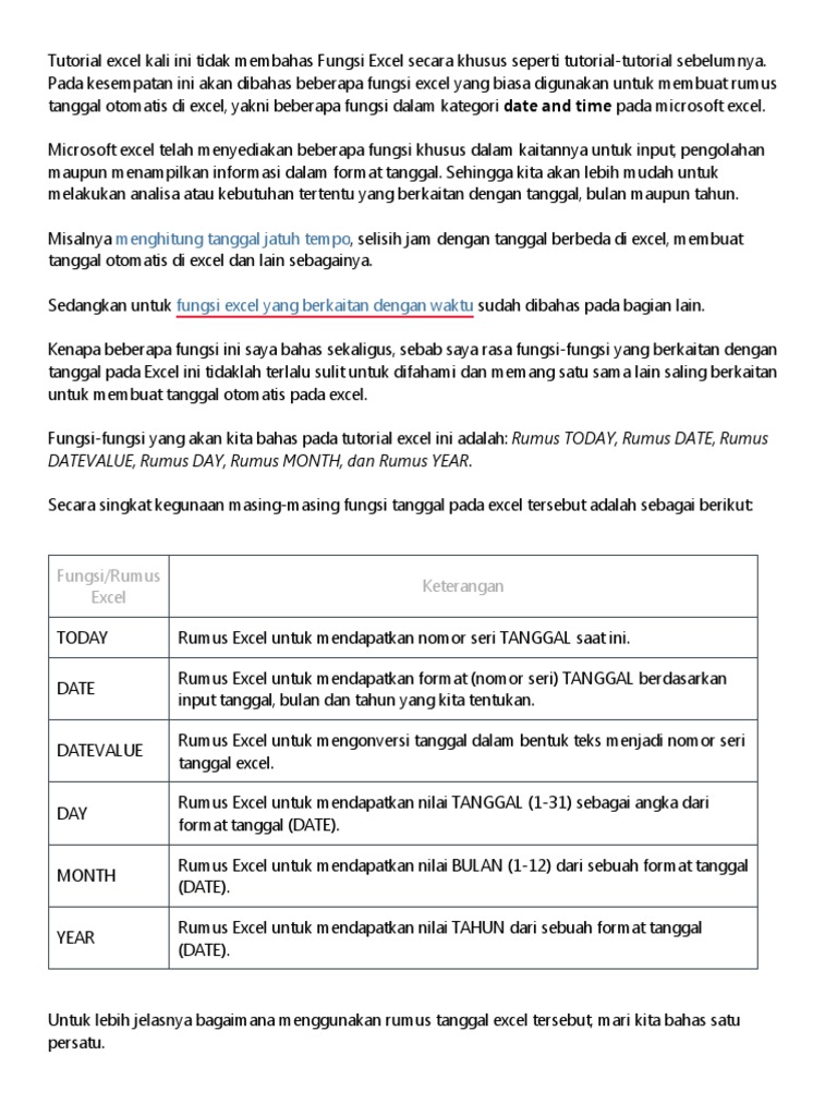 6 Fungsi Excel Untuk Membuat Rumus Tanggal Otomatis Di Excel | PDF