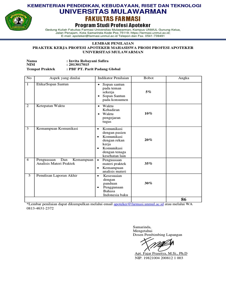 Permohonan Lembar Nilai Dosen Pembimbing PKPA Internal PBF PT Parit ...