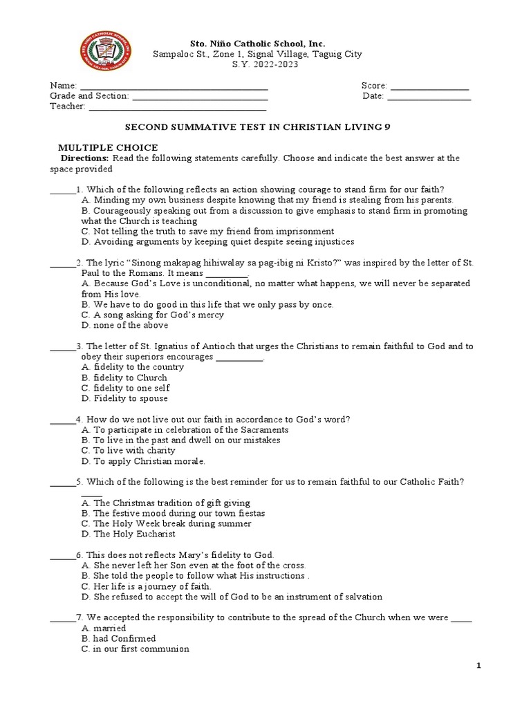 CL9 2ndQuarterExam Grade9 | PDF | Catholic Church | Eucharist