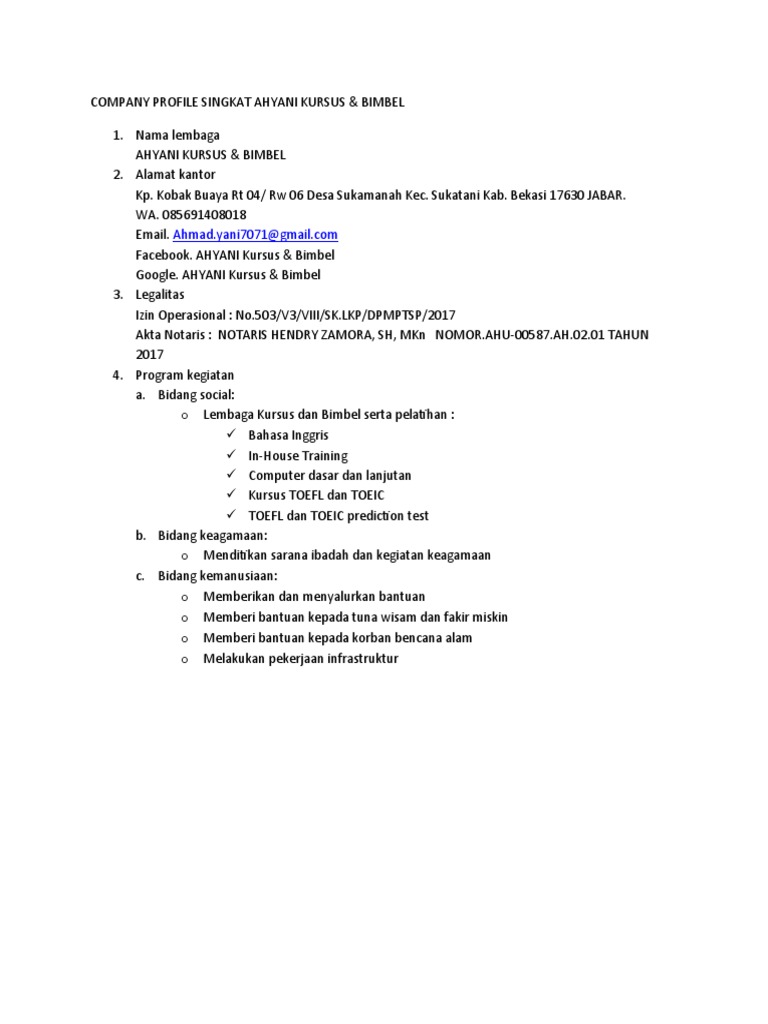 Company Profile Singkat Ahyani Kursus | PDF