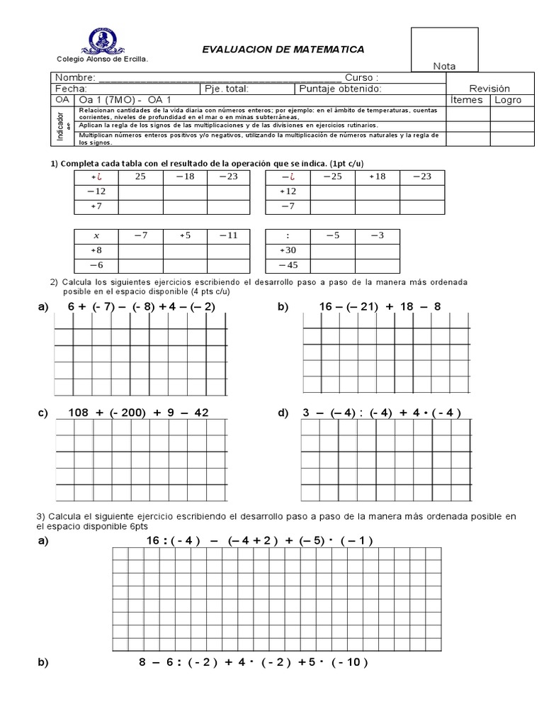 Evaluación Séptimo Números Enteros 2 | PDF
