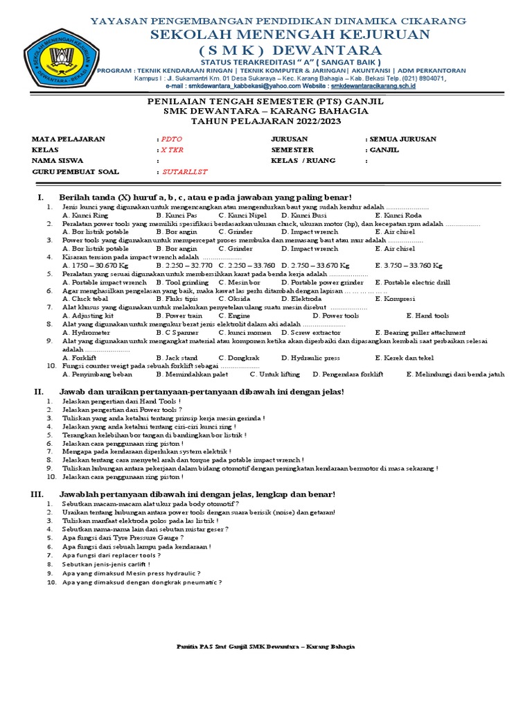 Kelas X TKR - PDTO - Sutarli, ST (PAS Semester Ganjil TA 2022-2023) | PDF