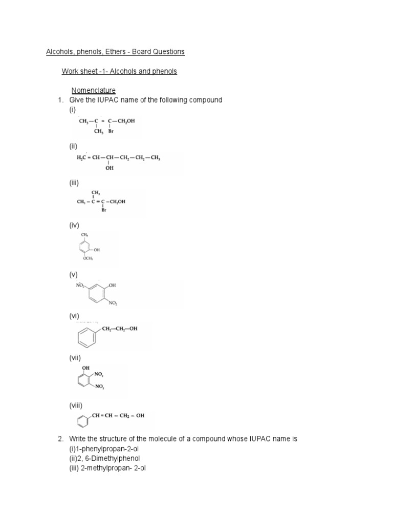 Alcohols, Phenols, and Ethers Worksheet | PDF | Hydrogen Bond | Acid