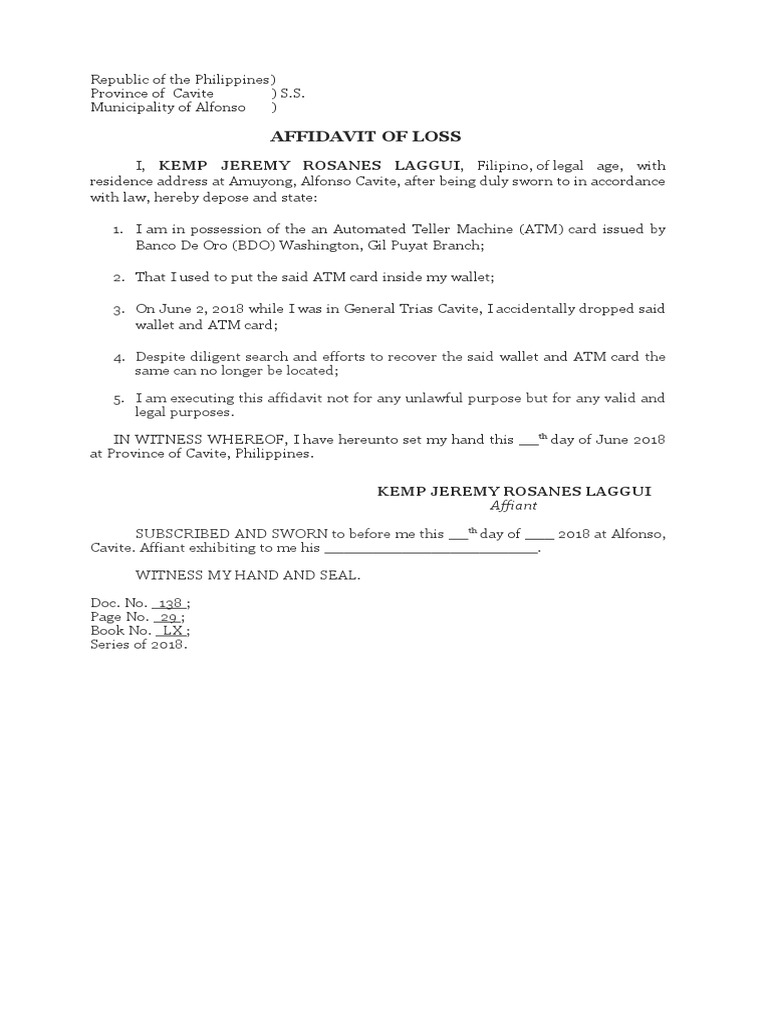Affidavit of Loss dropped bag card many | PDF