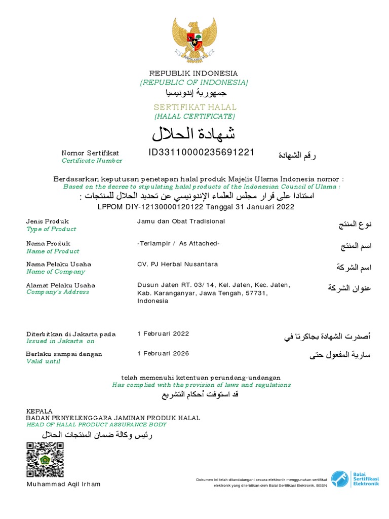 Sertifikat Halal BPJPH 2022-2026 | PDF