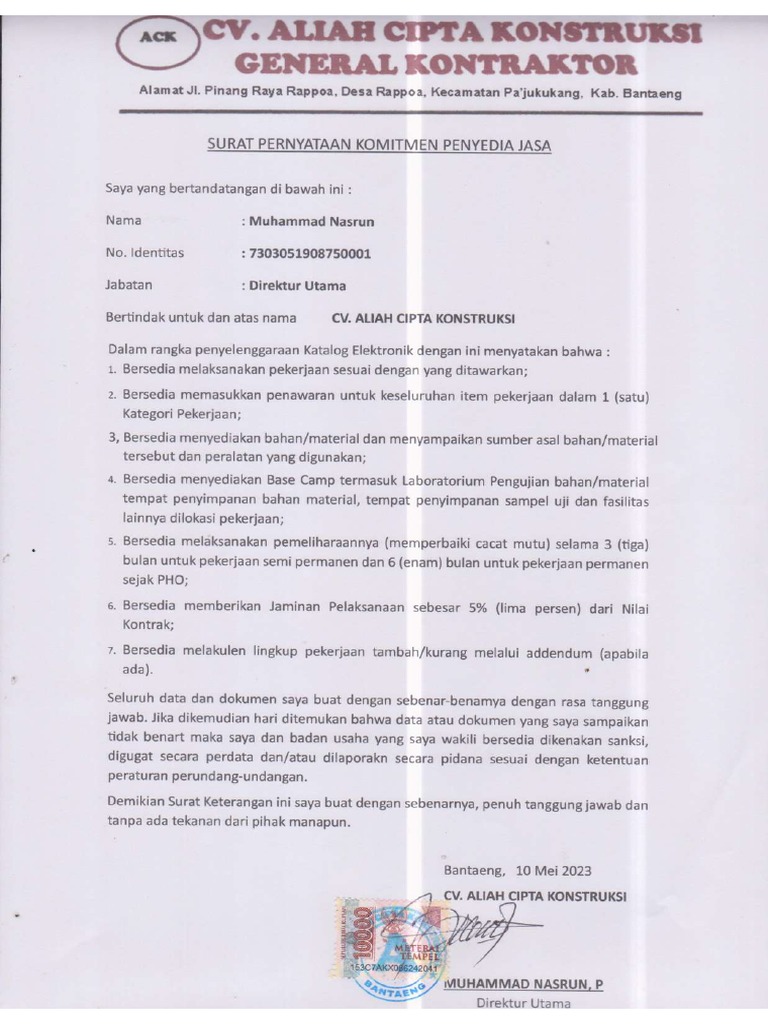 Surat Pernyataan Komitmen Penyedia Jasa Aliah | PDF