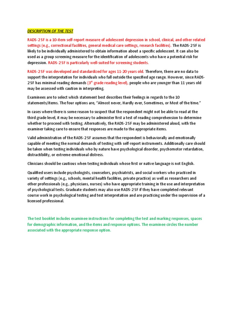 RADS-2 SF: Adolescent Depression Screening | PDF | Mental Disorder ...