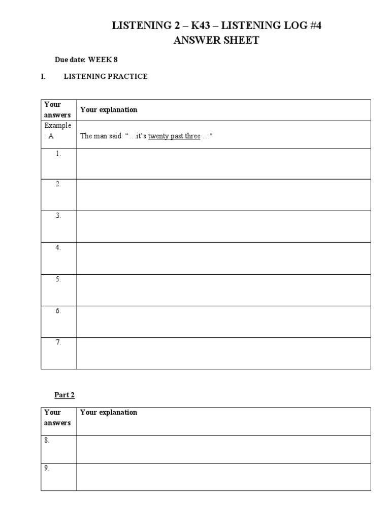 Listening Log 04 - Answer Sheet | PDF