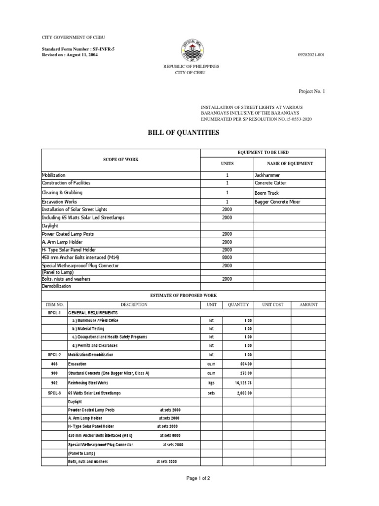 Annex B P1 Installation of Street Lights BOQ | PDF | Manufactured Goods | Building Engineering
