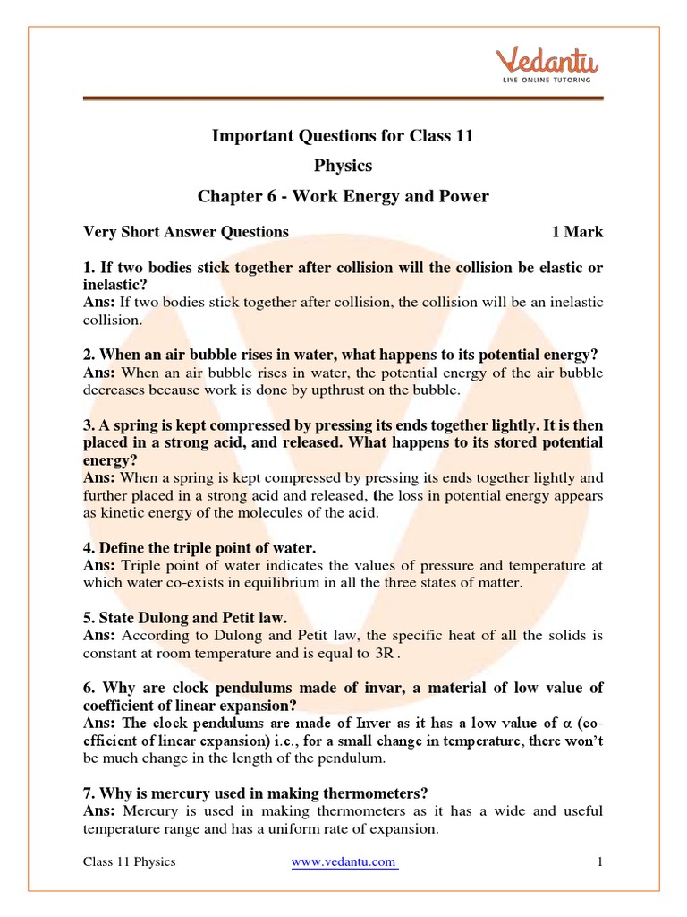 Important Questions Class 11 Physics - Work, Energy & Power | PDF | Collision | Force
