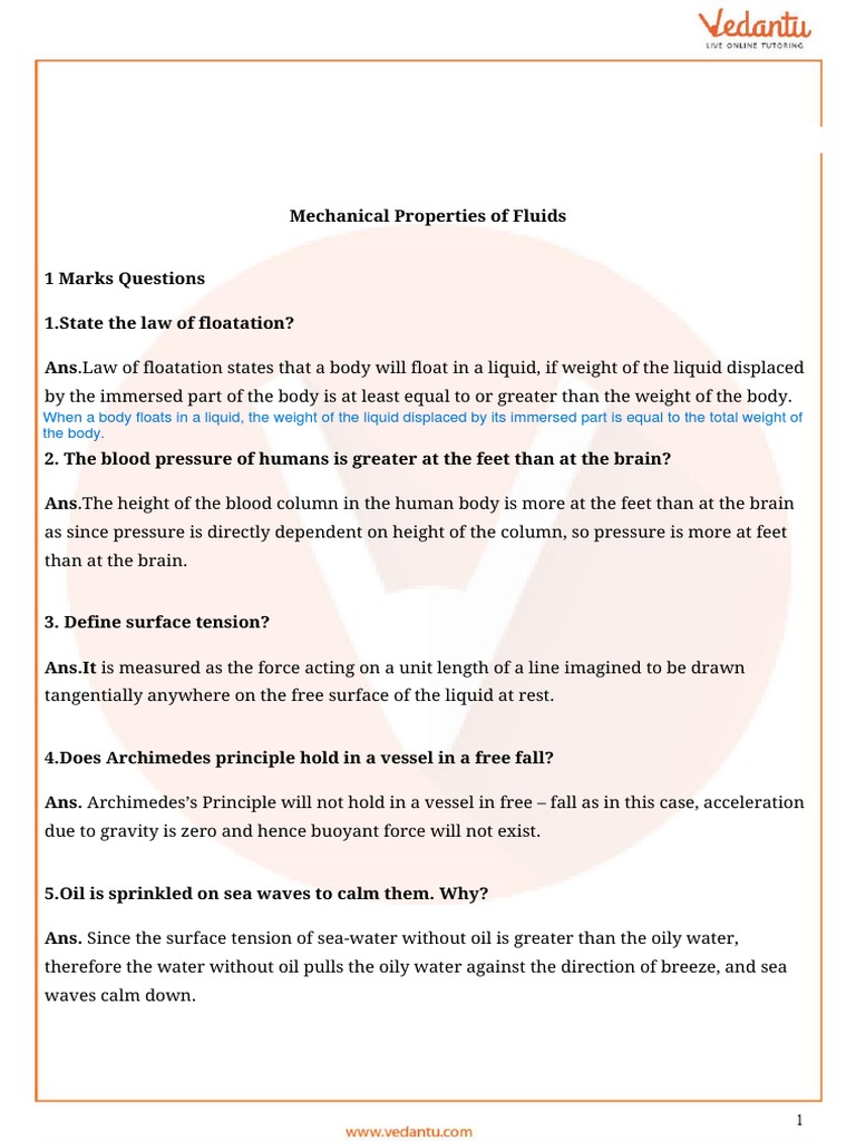 CBSE Class 11 Physics Chapter 10 - Mechanical Properties of Fluids Important Questions 2022-23 ...
