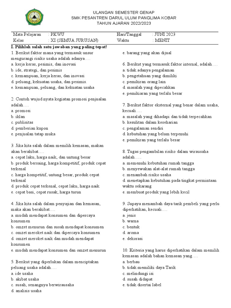 Soal UAS Genap PKWU Kls XI 2023 | PDF
