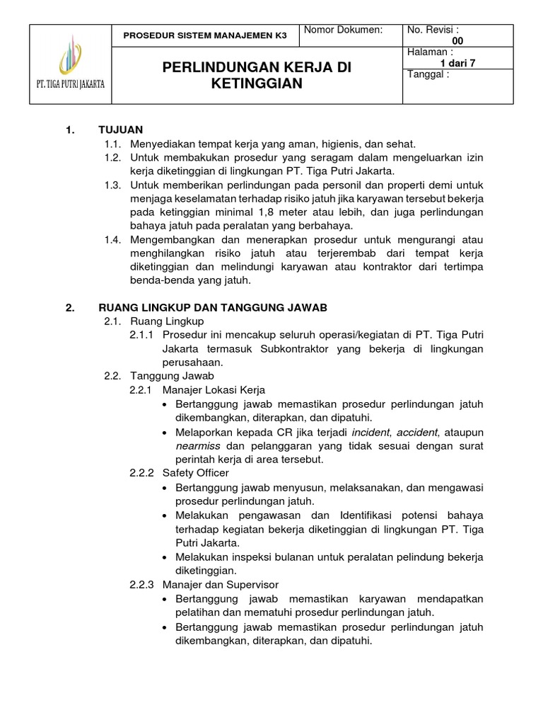 SOP Perlindungan Kerja Di Ketinggian (Fall Protection) | PDF