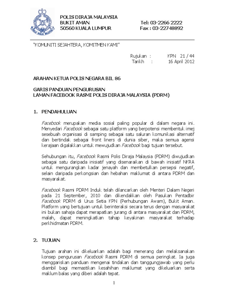 Arahan KPN Bil 86 Penggunaan Facebook PDRM | PDF Arahan KPN Bil 86 Penggunaan Facebook PDRM | PDF