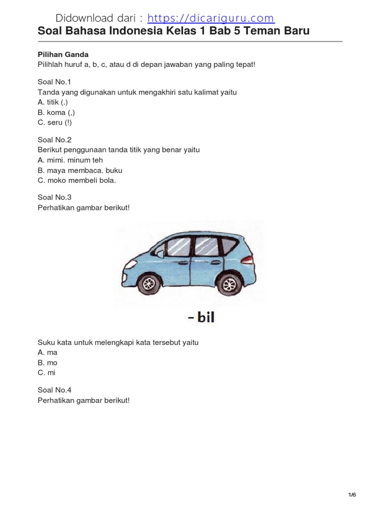 Soal Bahasa Indonesia Kelas 1 Bab 5 Teman Baru - 2 | PDF