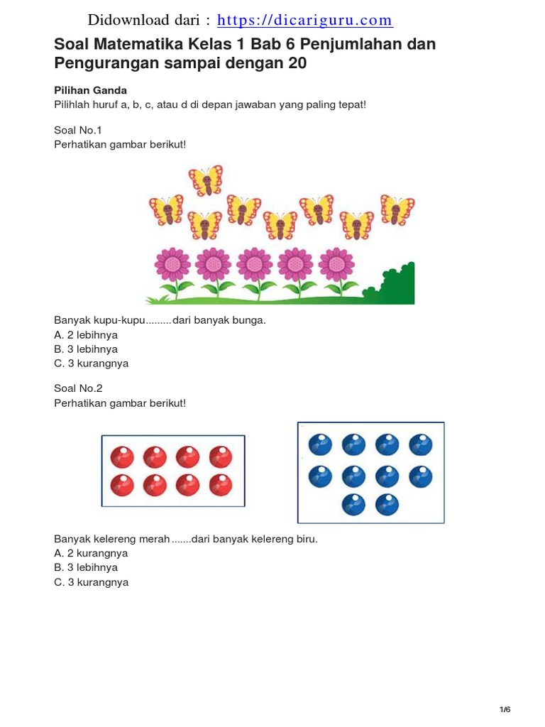 Soal Matematika Kelas 1: Penjumlahan 20 | PDF