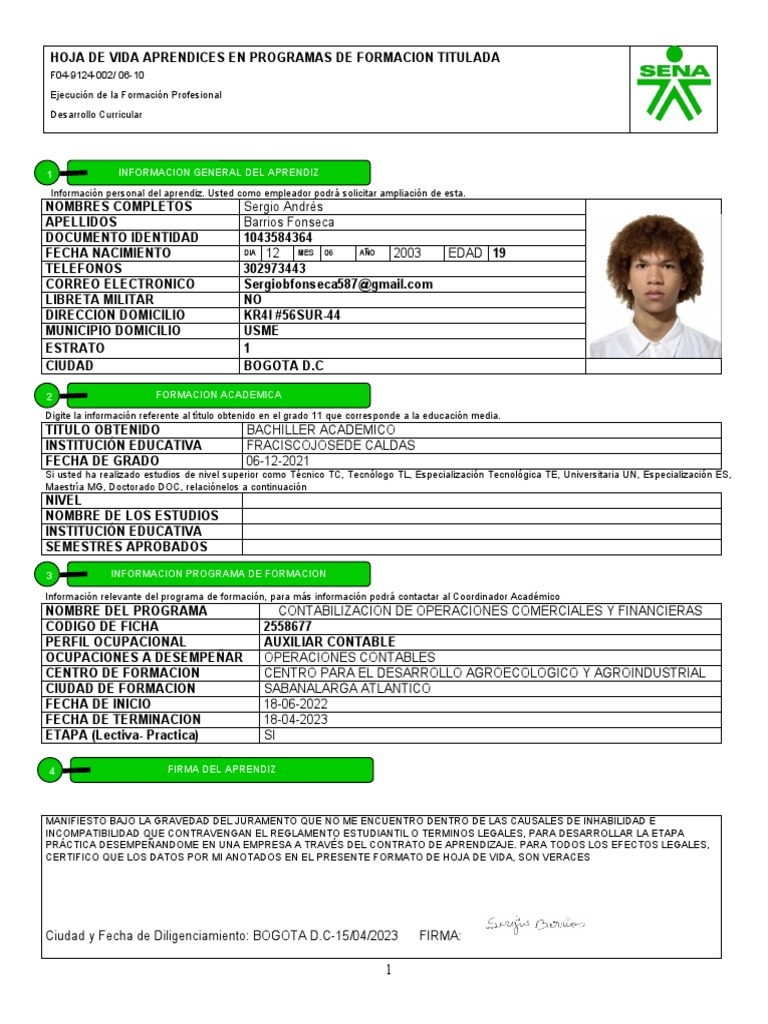 Formato Hoja de Vida Aprendiz Sena 2023 | PDF