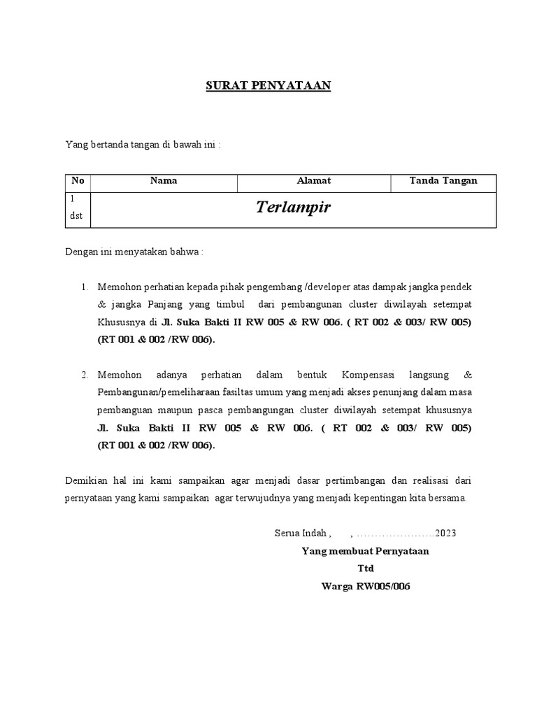 Surat Pernyataan Warga TTD 4 RT | PDF