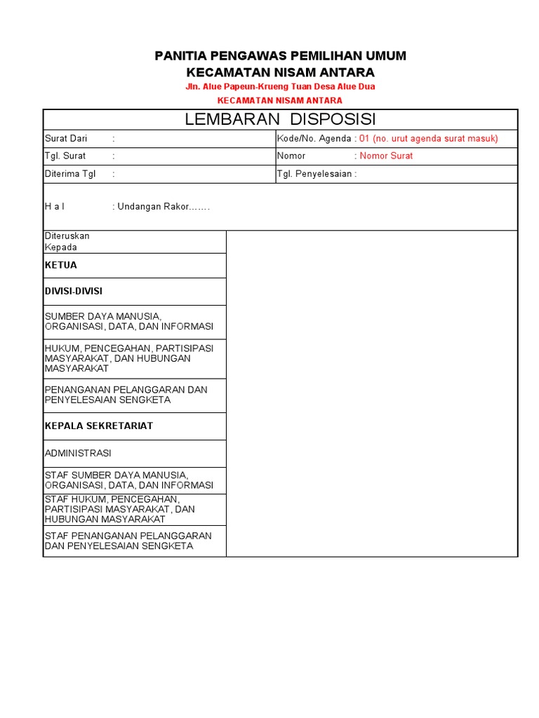 Contoh Lembar Disposisi Surat Masuk | PDF