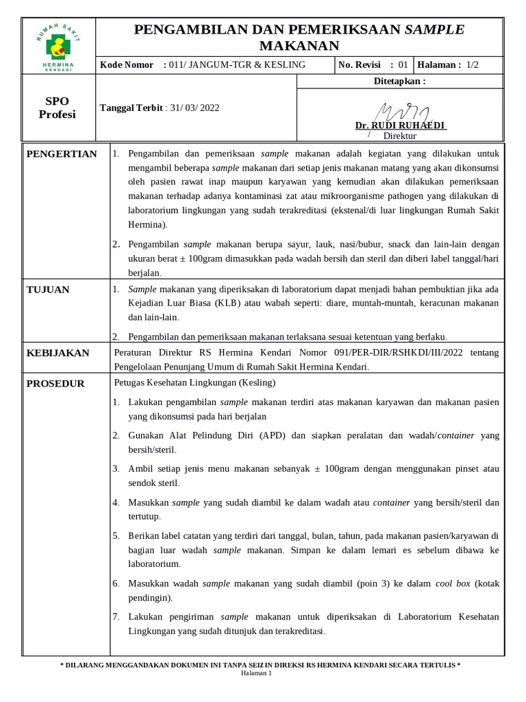 Pengambilan Dan Pemeriksaan Sample Makanan (Rev.01, 2022) | PDF