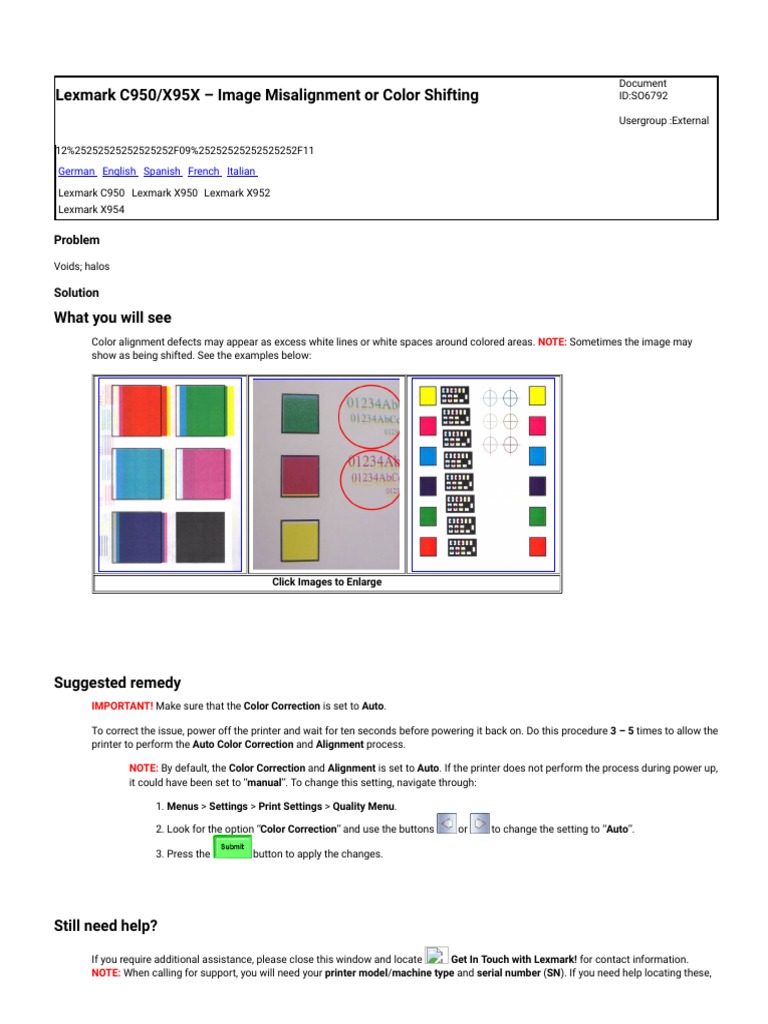 Lexmark C950/X95X - Image Misalignment or Color Shifting: Problem | PDF ...