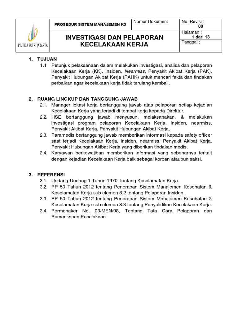 Prosedur Investigasi Dan Pelaporan Kecelakaan Kerja | PDF