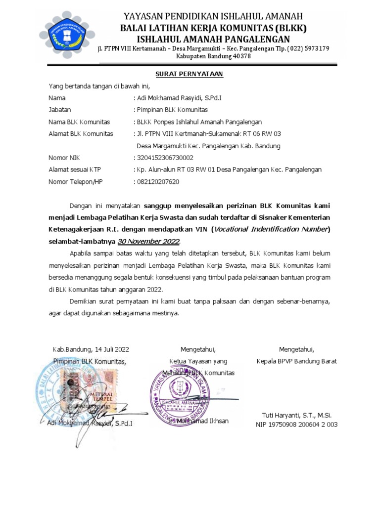 Surat Pernyataan BLKK 2022 | PDF