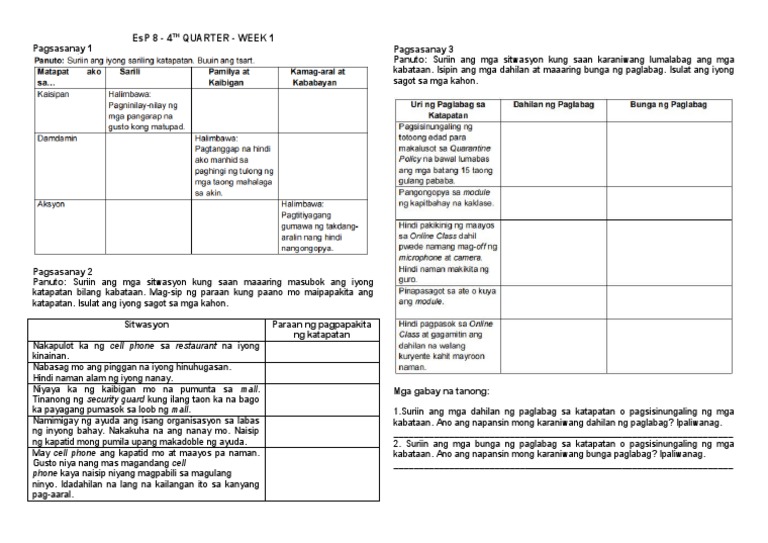 EsP 8 4TH QUARTER WEEK 1 ACTIVITIES | PDF