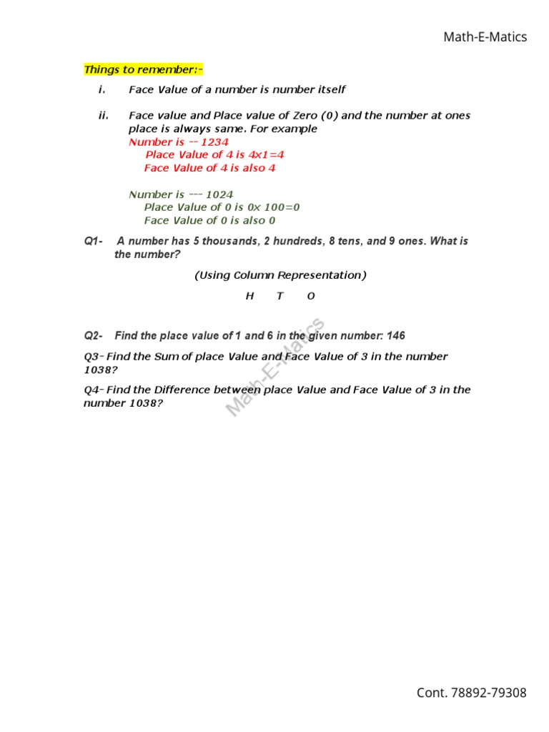 Place Value Face Value | PDF