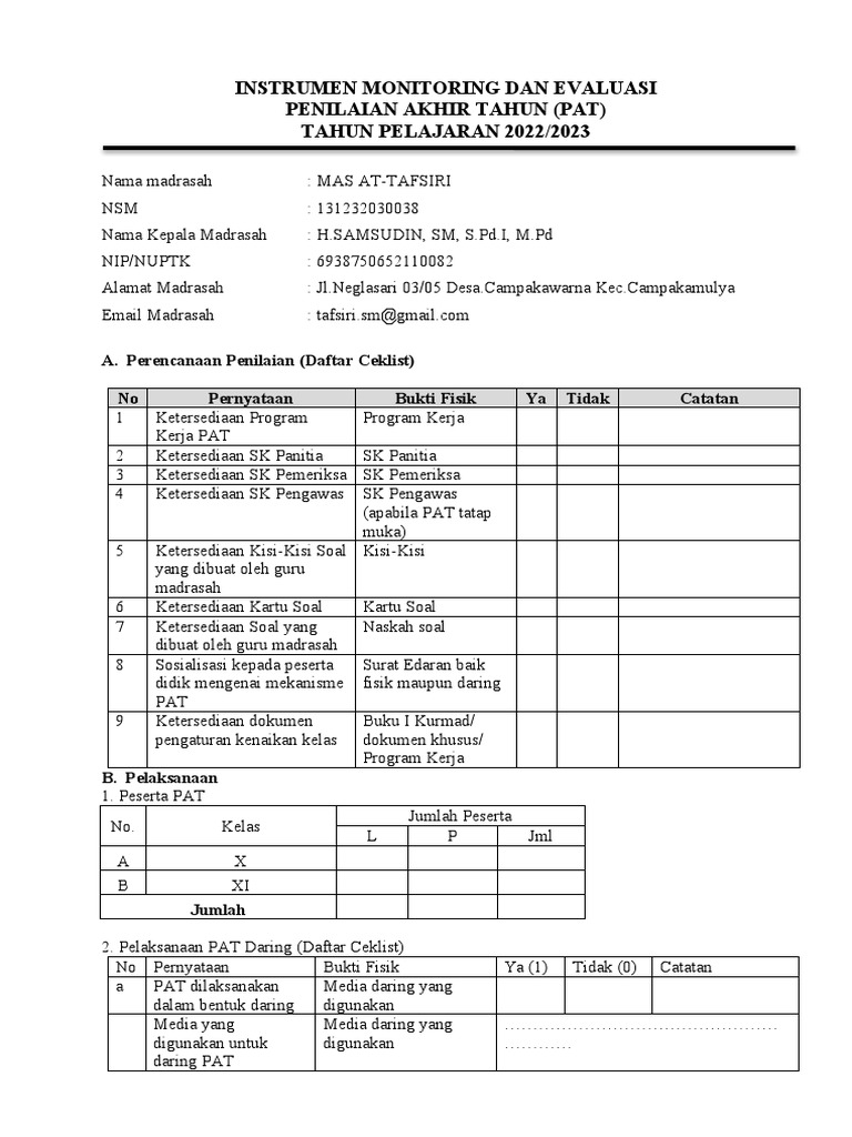 Instrumen Monev Pat 2022-2023 | PDF