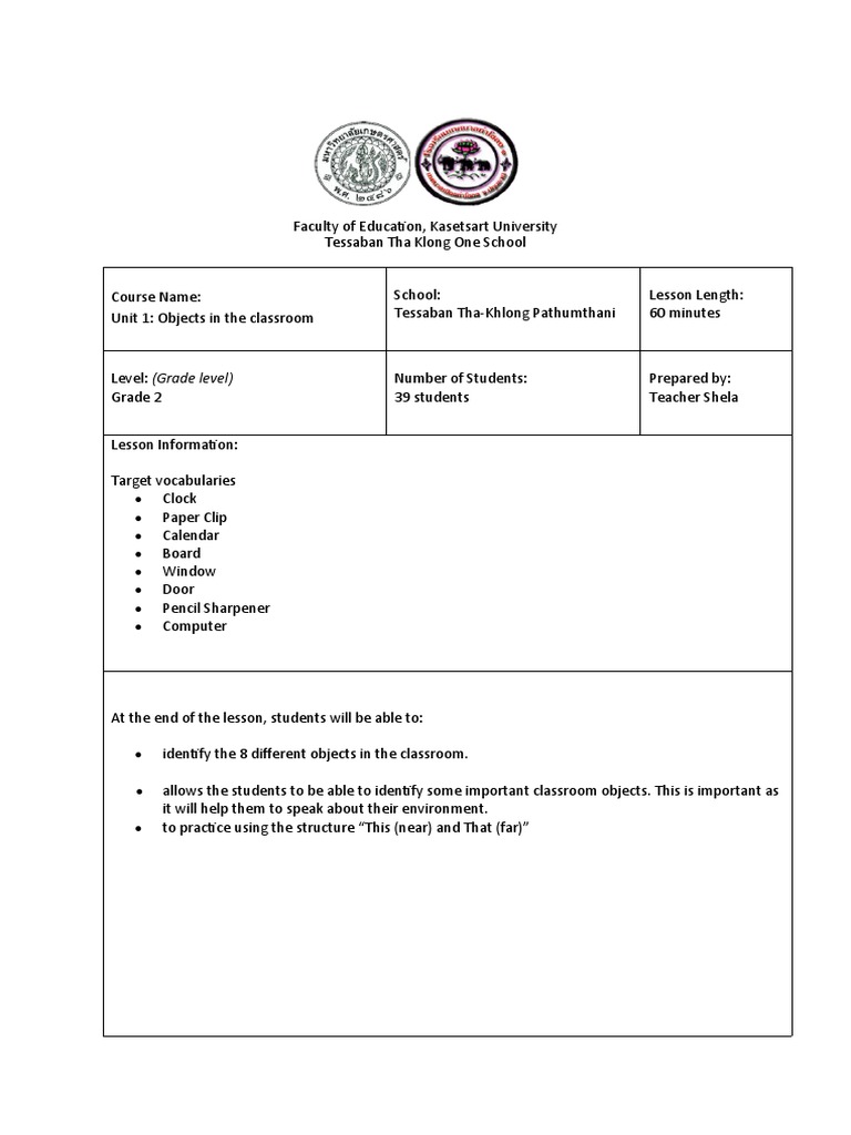 Classroom Objects - Grade 2 | PDF | Classroom | Lesson Plan
