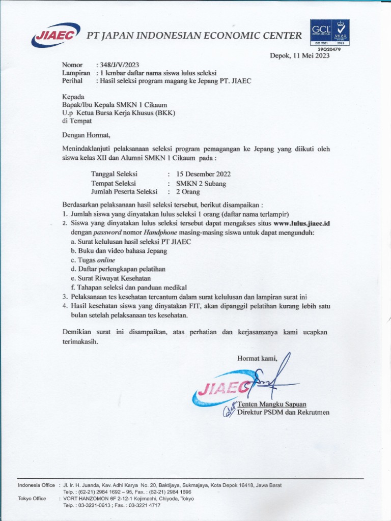 Surat Dan Daftar Nama Peserta Lulus | PDF