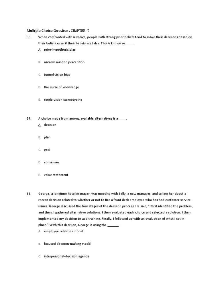 Chapter 7 Multiple Choice Questions | PDF | Decision Making | Bias
