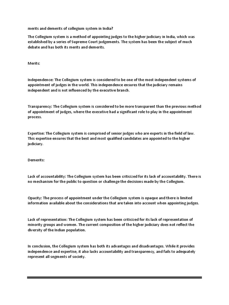 Merits and Demerits of Collegium System in India | PDF