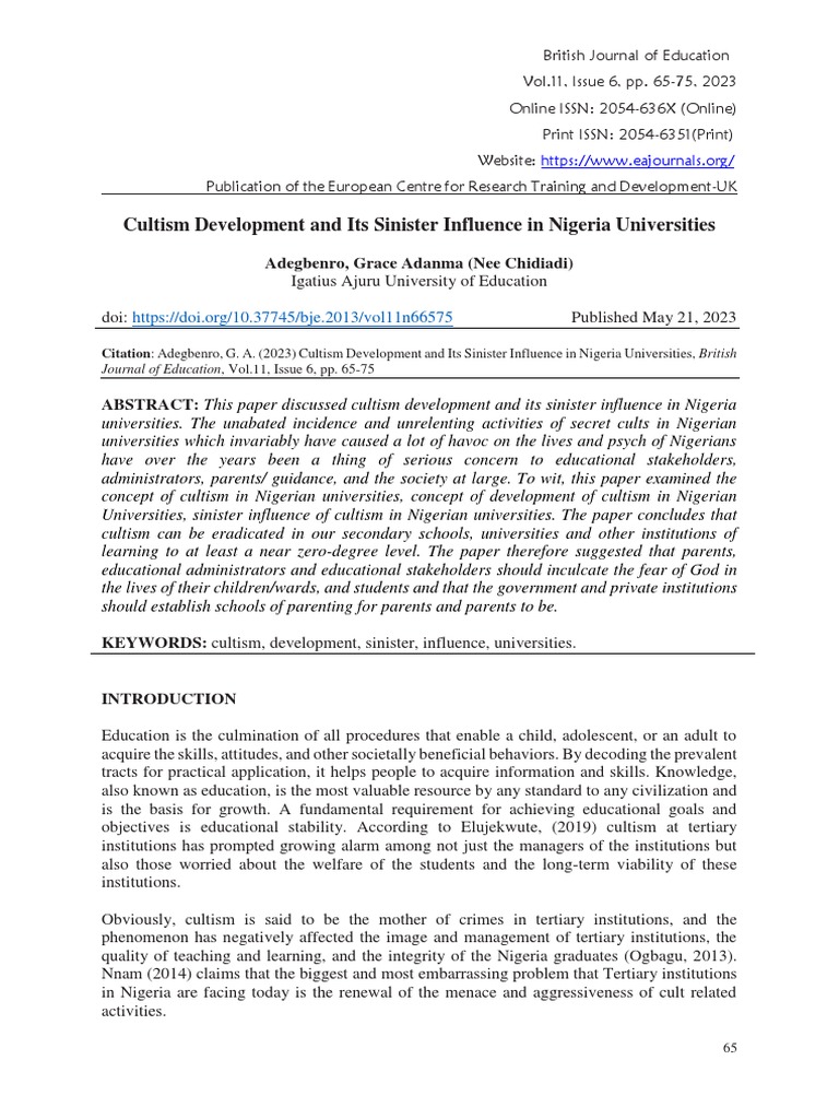 Cultism Development and Its Sinister Influence in Nigeria Universities ...