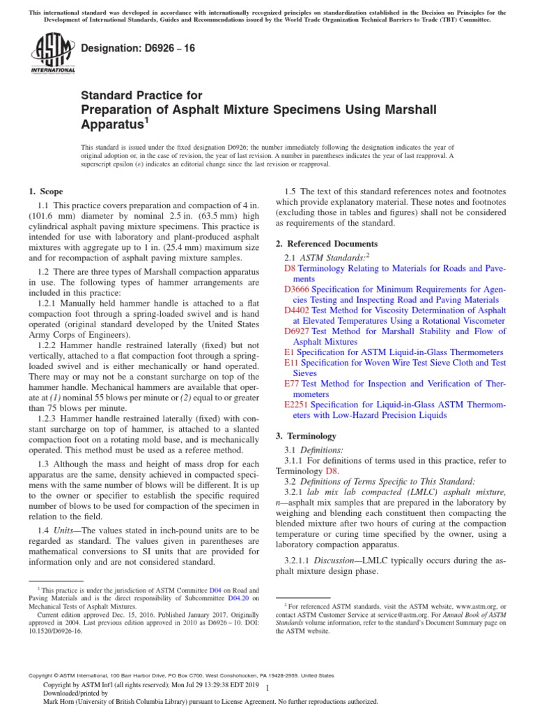 ASTM D6926 - 2016 - Preparation of Asphalt Mixture Specimens Using ...