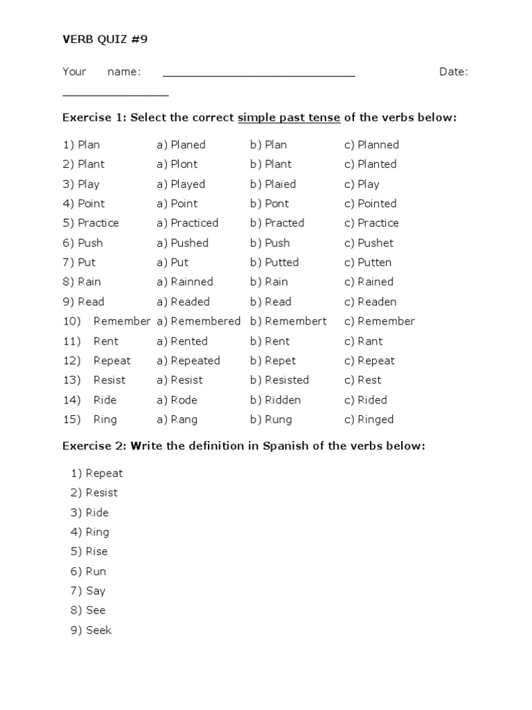 English Verb Quiz for Students | PDF