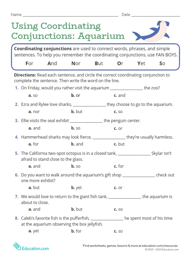 Using Coordinating Conjunctions Aquarium | PDF