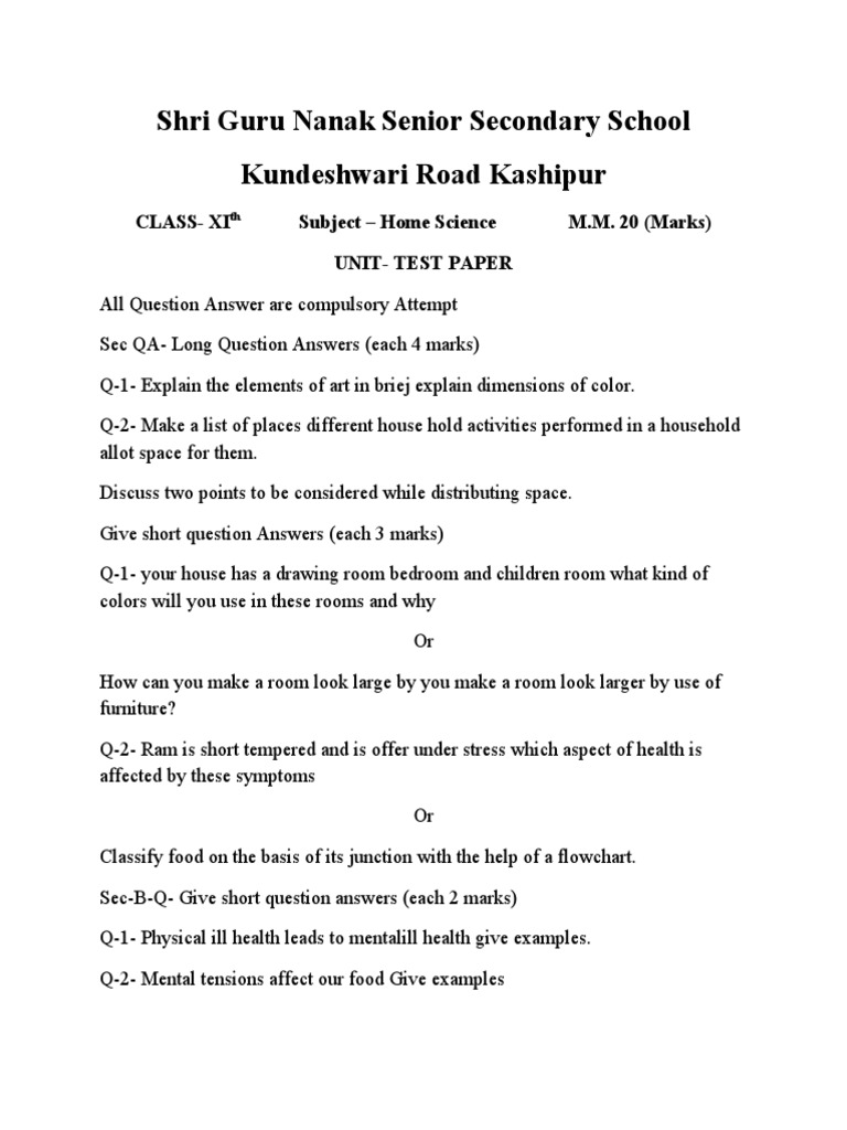 Home Science Shri Guru Nanak Senior Secondary School | PDF