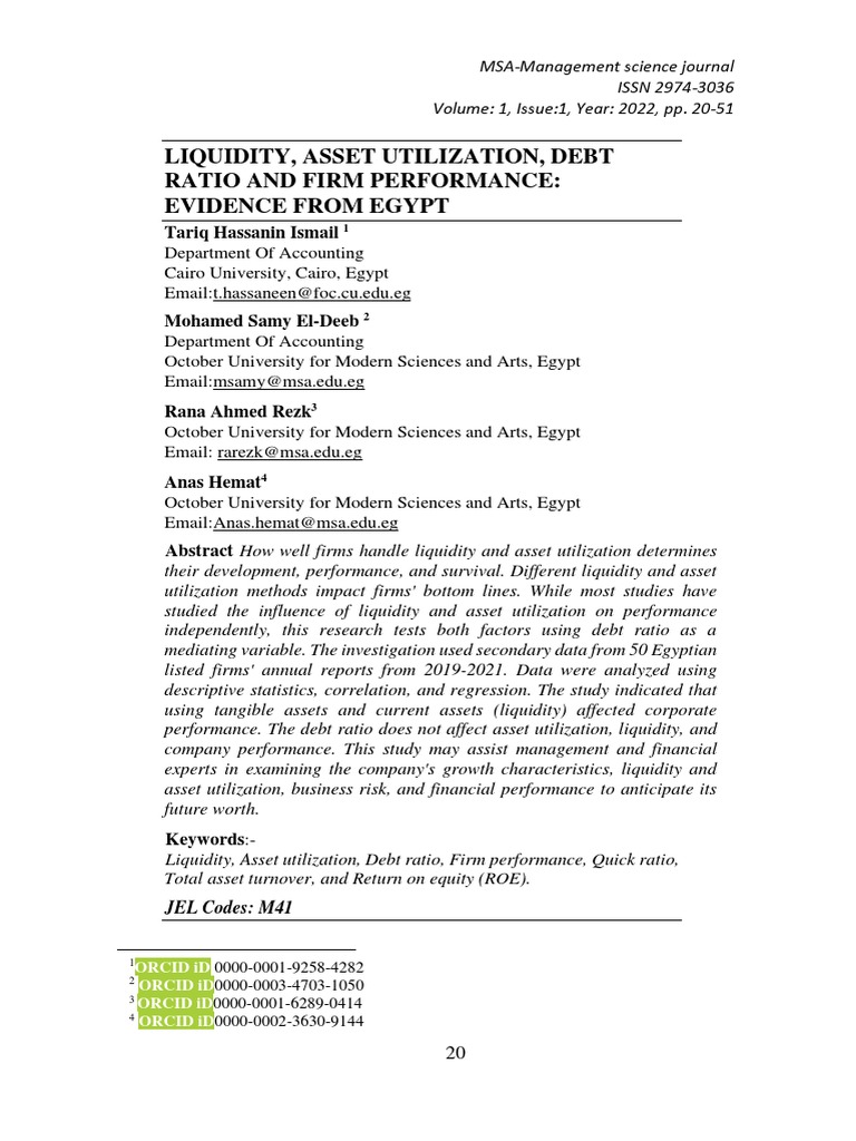 Liquidity Asset Utilization Debt Ratio And Firm Performance Evidence