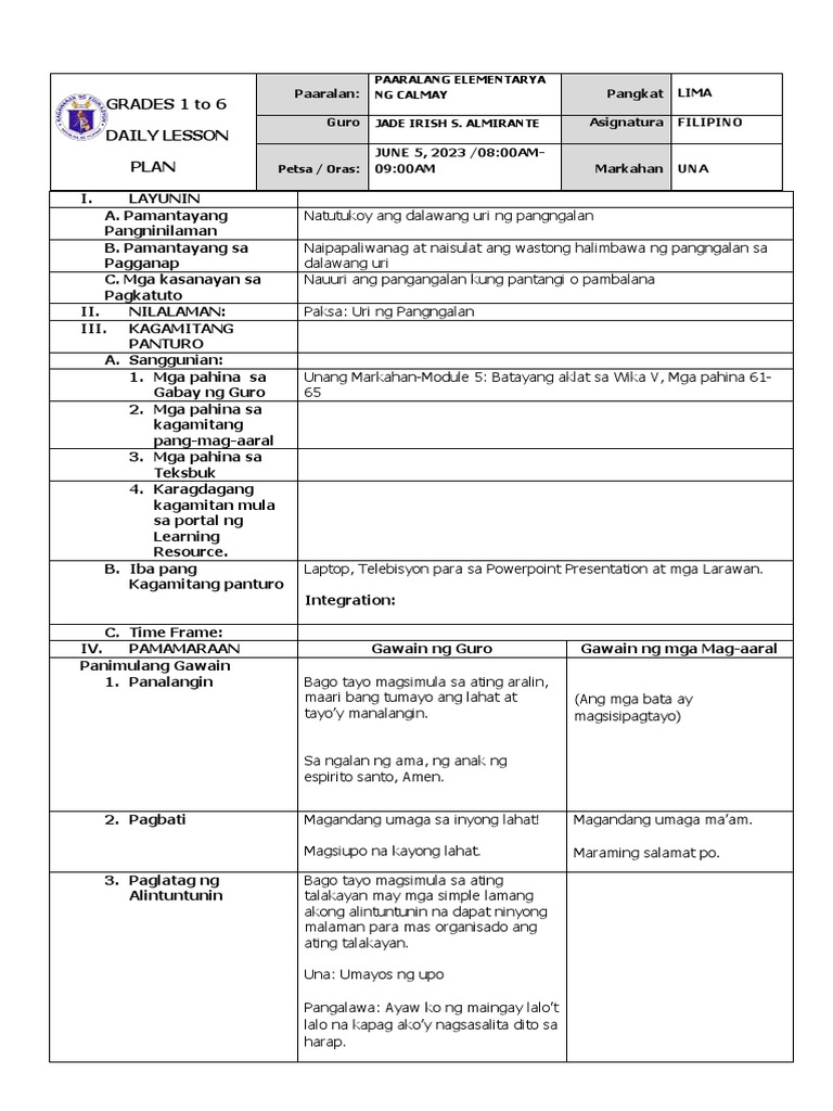 Lesson Plan Pantangi at Pambalana | PDF