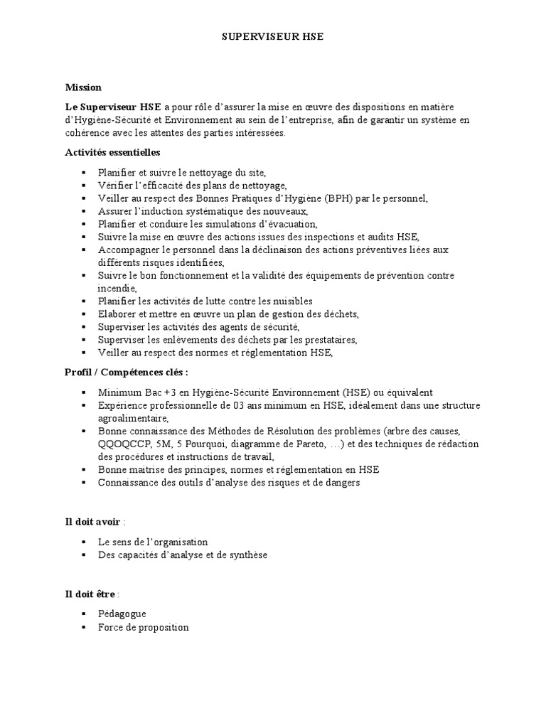 Fiche Emploi SUPERVISEUR HSE | PDF