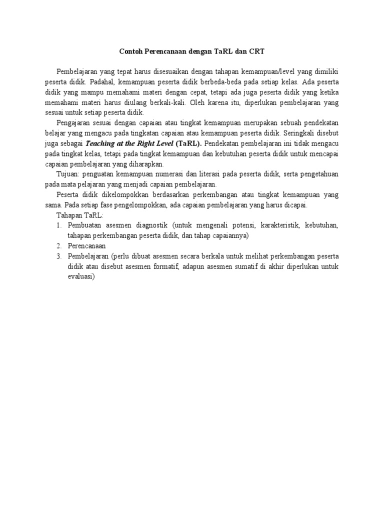 Rancangan Pembelajaran TaRL dan CRT | PDF