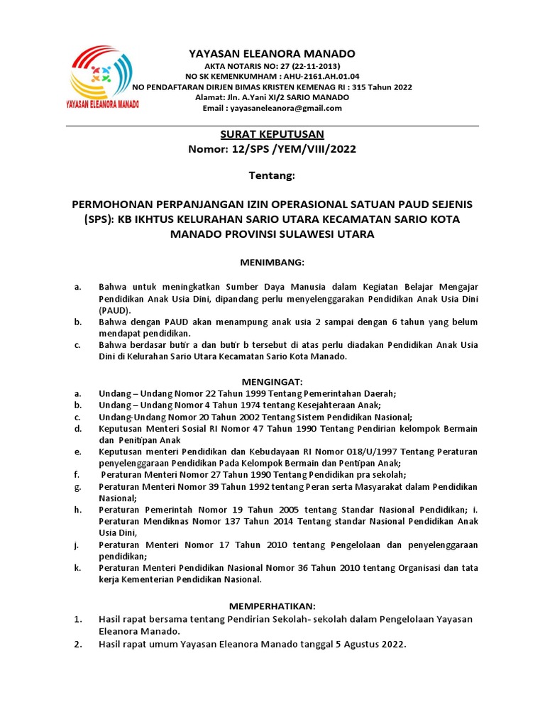 SK Pendirian Paud - KB IKTHUS | PDF