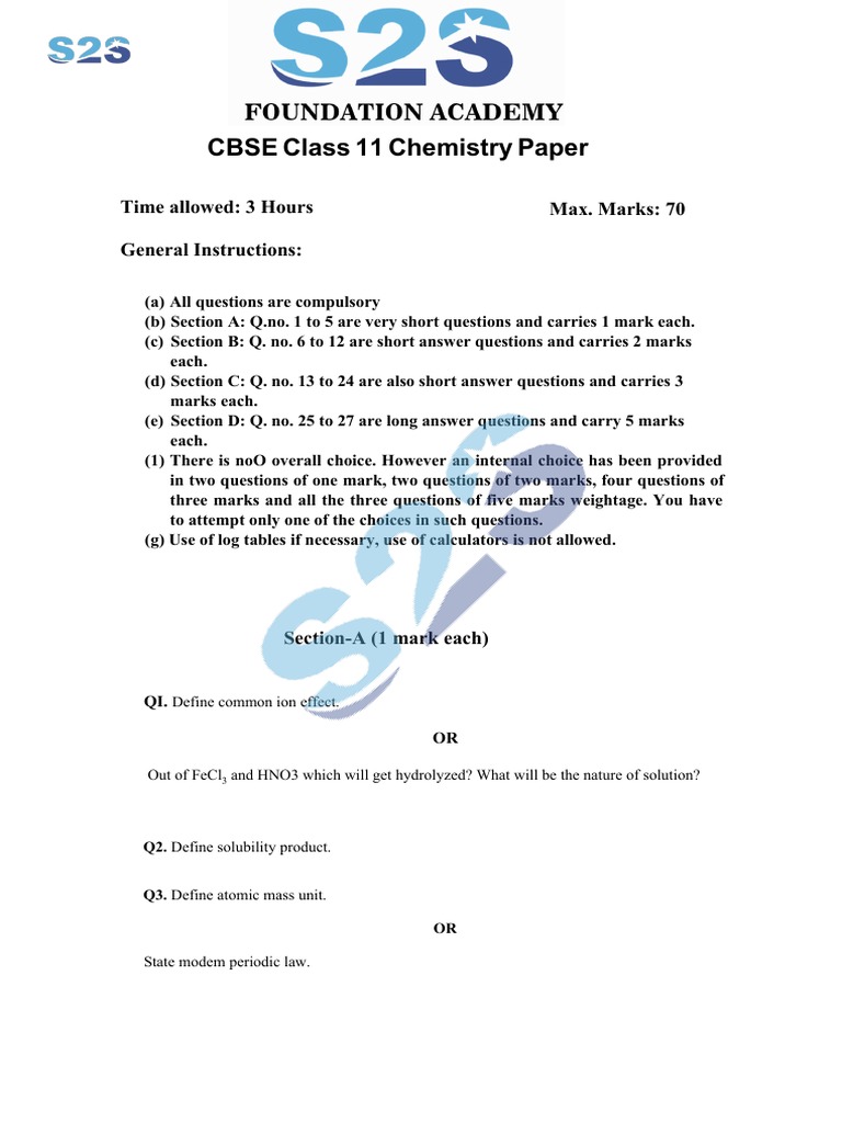 CBSE Class 11 Chemistry Sample Paper Set 1 - 2 - OCR | PDF | Ph ...