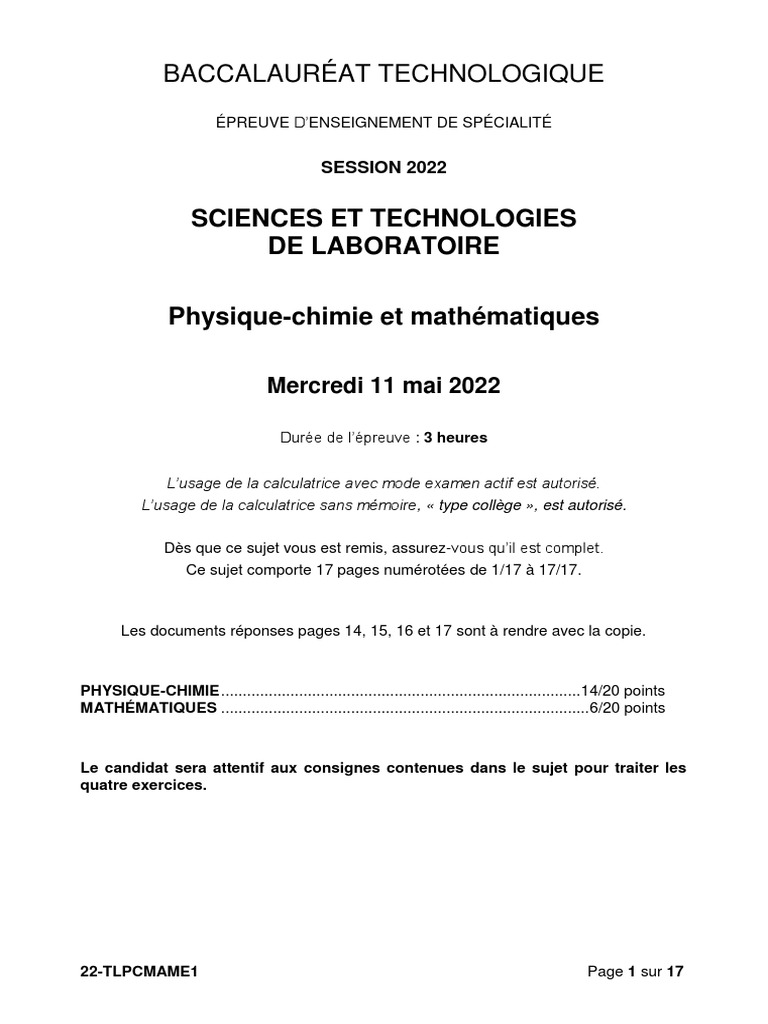 Baccalaur at Technologique 2022 - STL - Physique Chimie Et Math Matiques 114257 - 0 | PDF ...