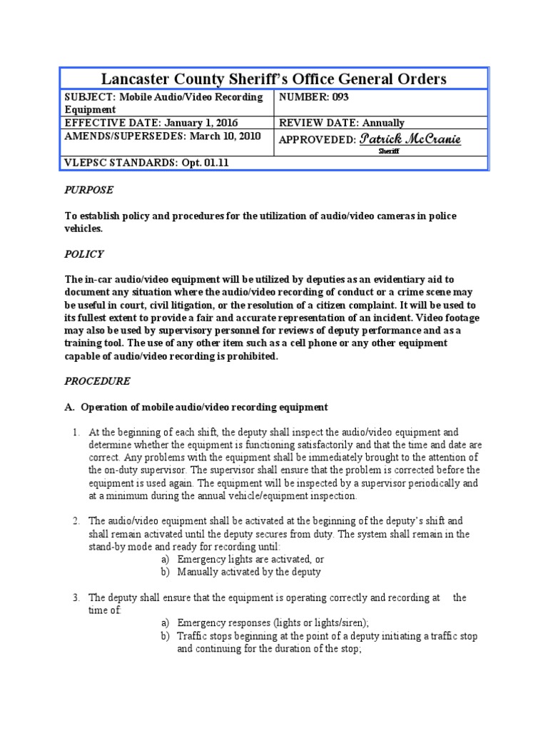 Lancaster Sheriff's Office General Orders | PDF | Search Warrant ...