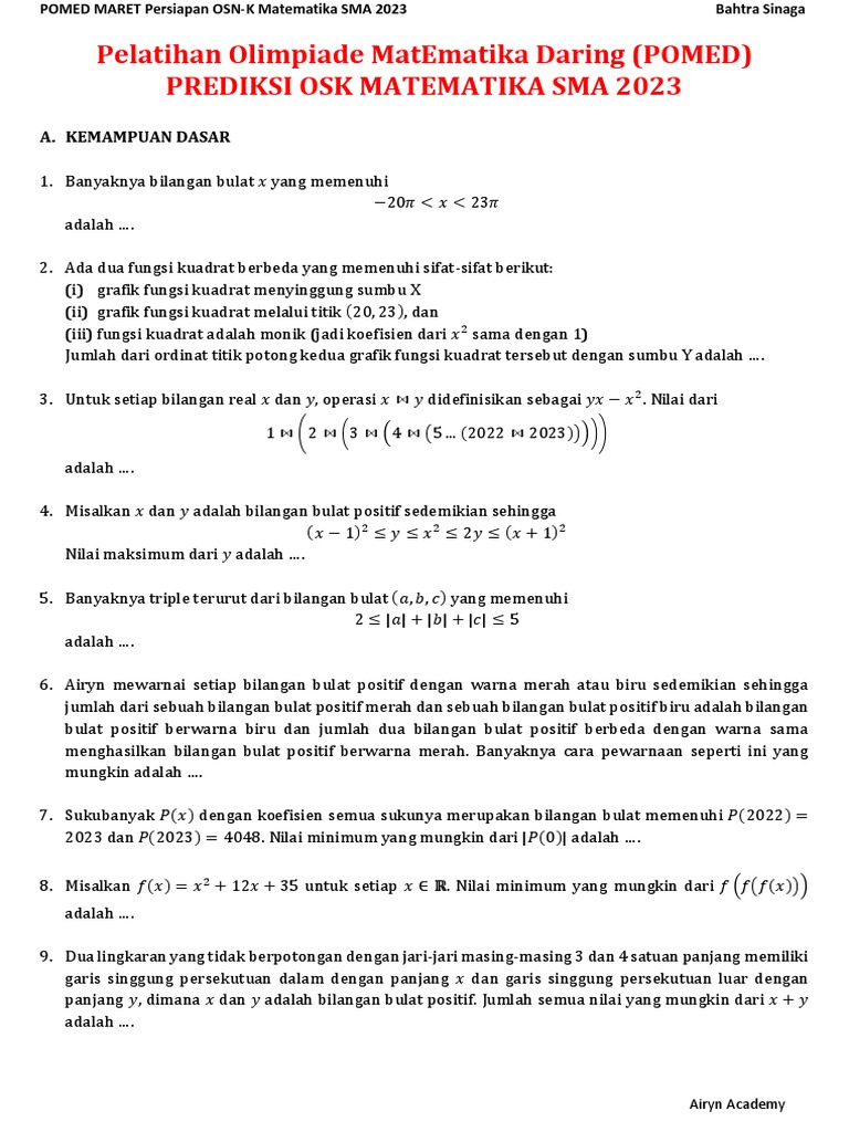 Soal Prediksi OSK MATEMATIKA 2023 POMED MARET 2023 | PDF