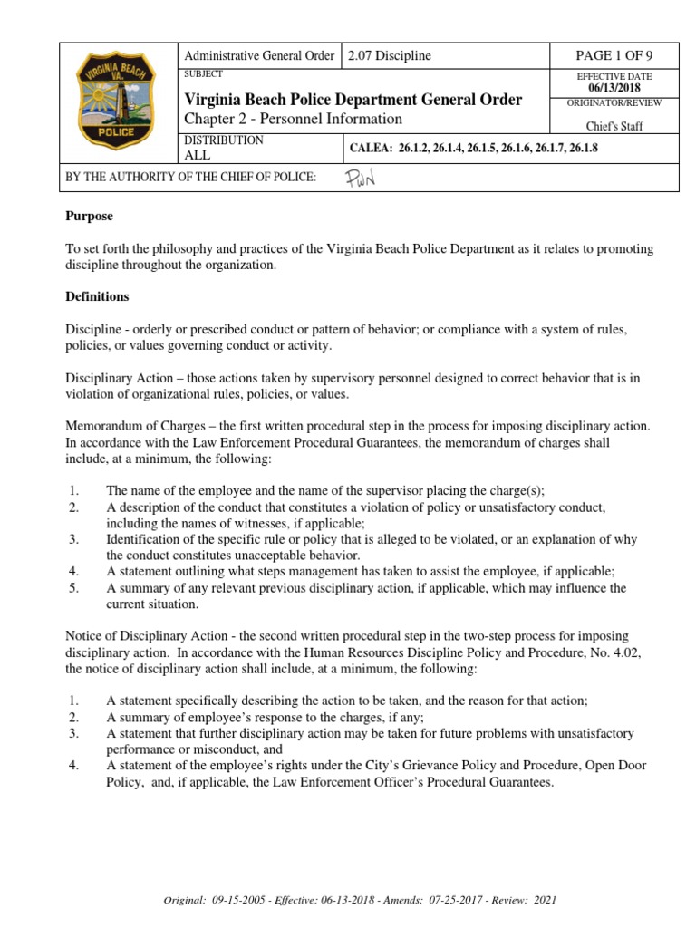 Virginia Beach Police Discipline Policy | PDF | Police | Employment