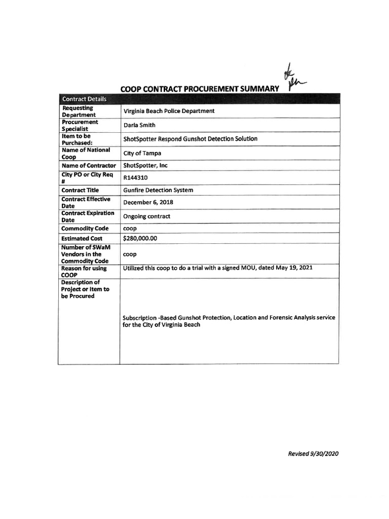 Virginia Beach Police Shotspotter Contract & User Agreement (Tom Nash, FOIA) | PDF